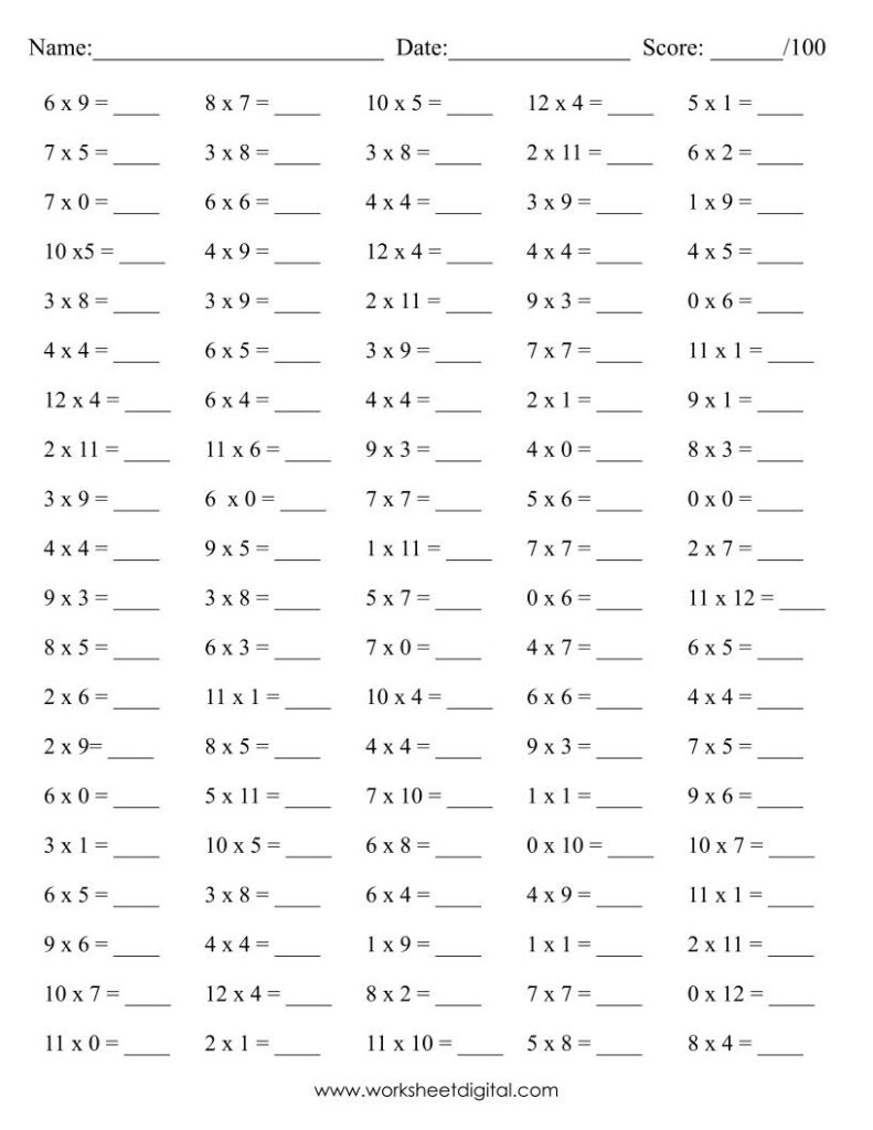 10 Printable Math Drills Multiplication, Timetable 0 to 12, Practice ...