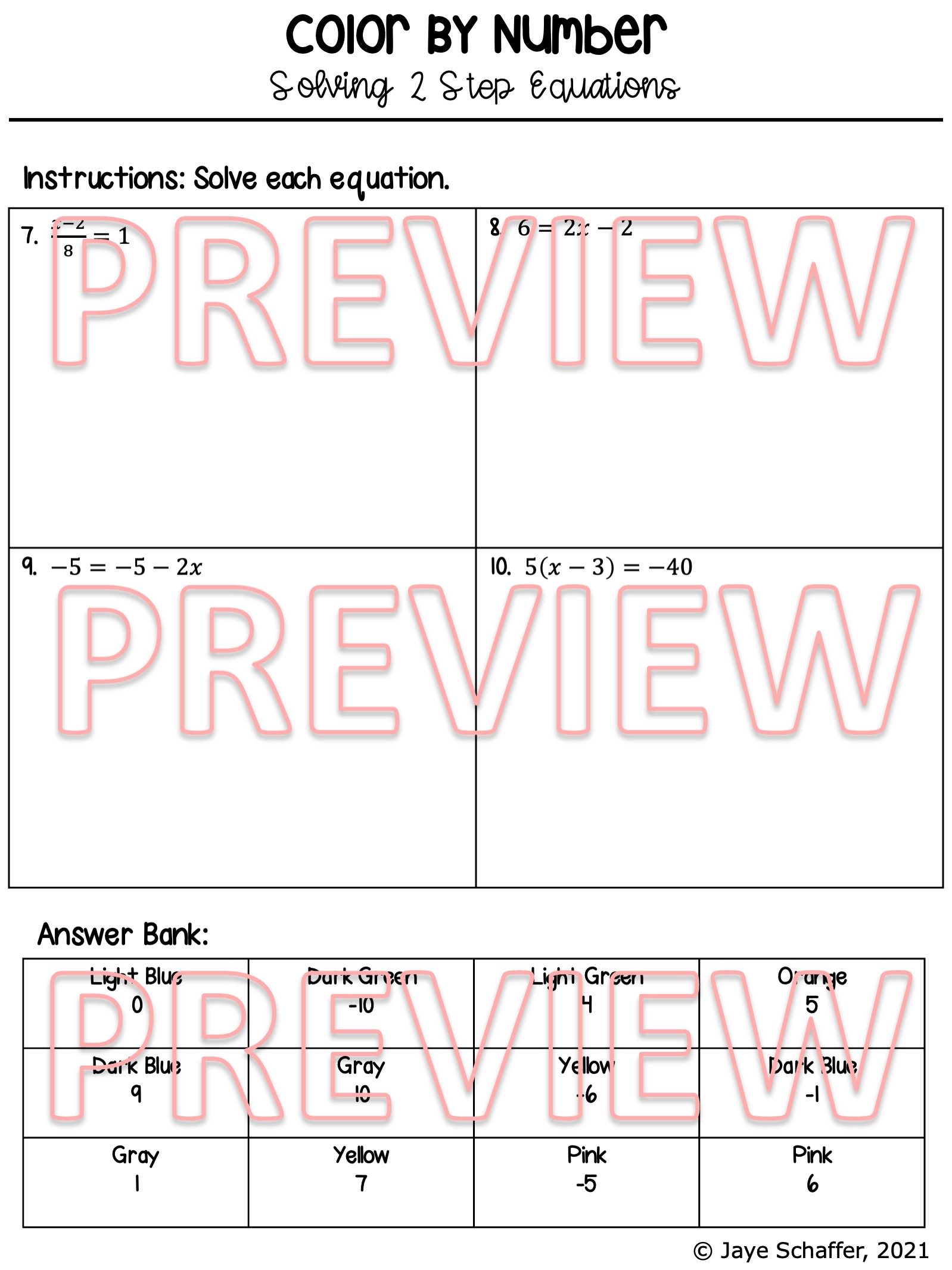Solving Two Step Equations Coloring Activity - Made By Teachers