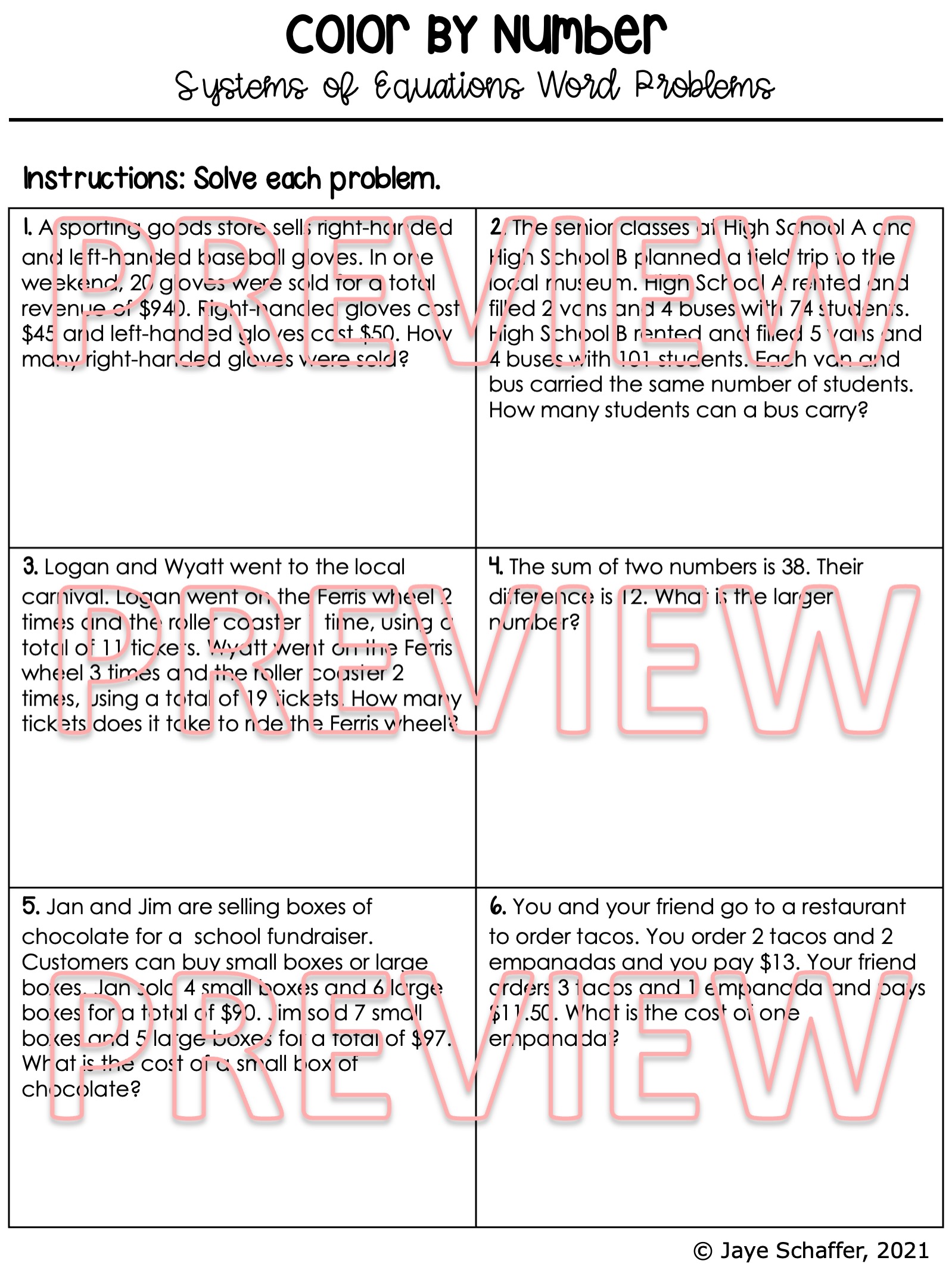 Solving Systems Of Equations Word Problems Coloring Activity Made By