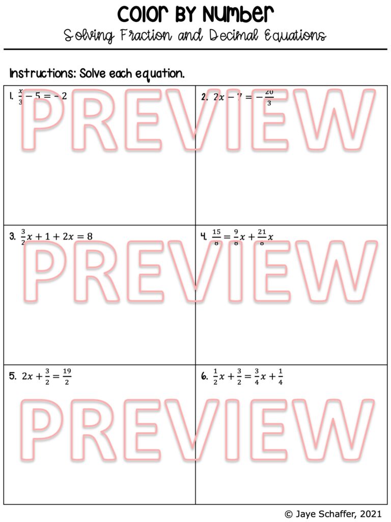 Solving Linear Equations with Fractions and Decimals Coloring Activity ...
