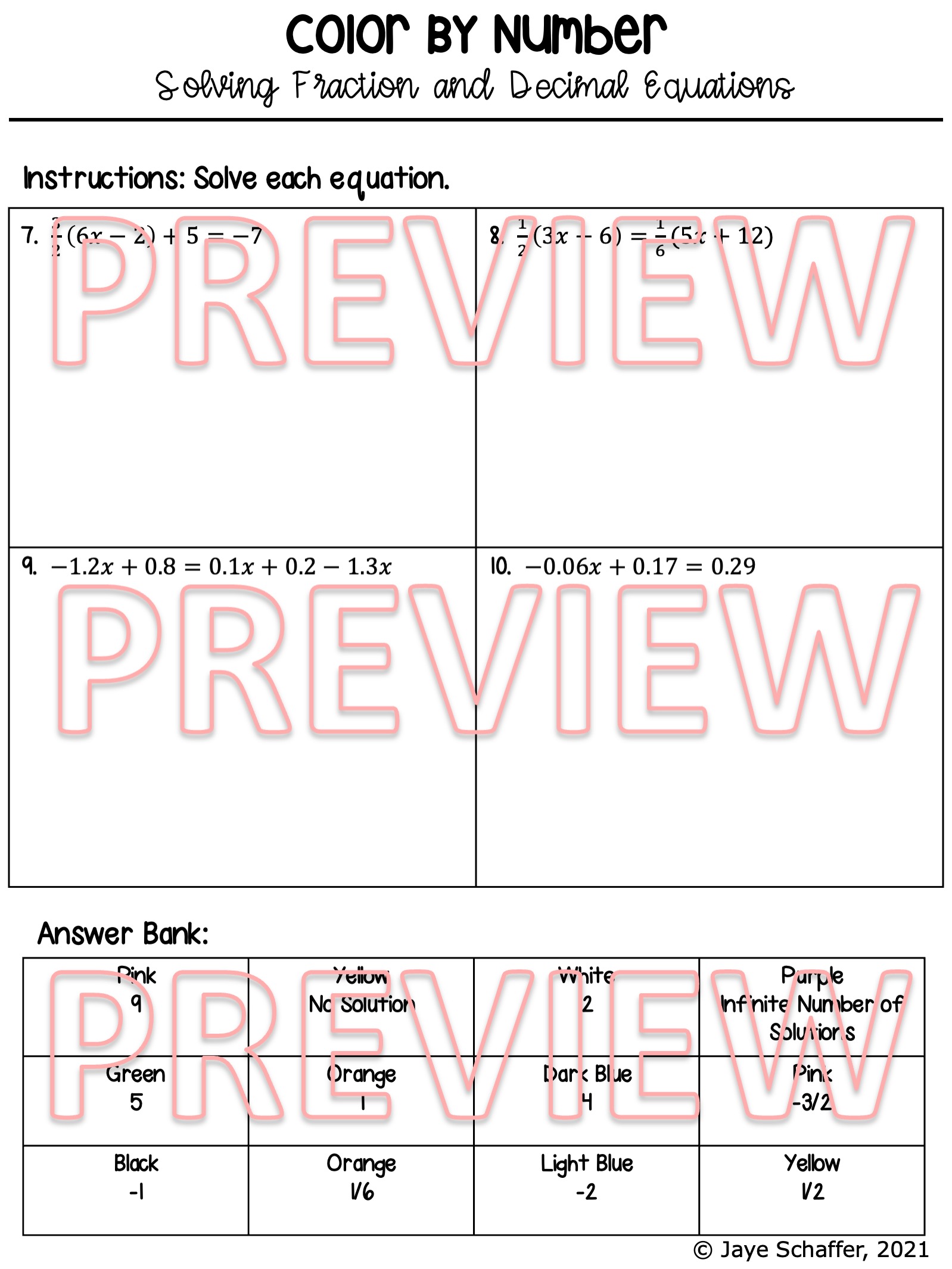 Solving Linear Equations with Fractions and Decimals Coloring Activity ...