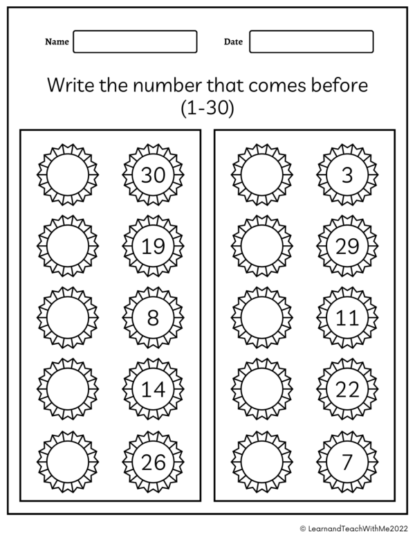 Before and After 1-30 Worksheets and Cards | Made By Teachers