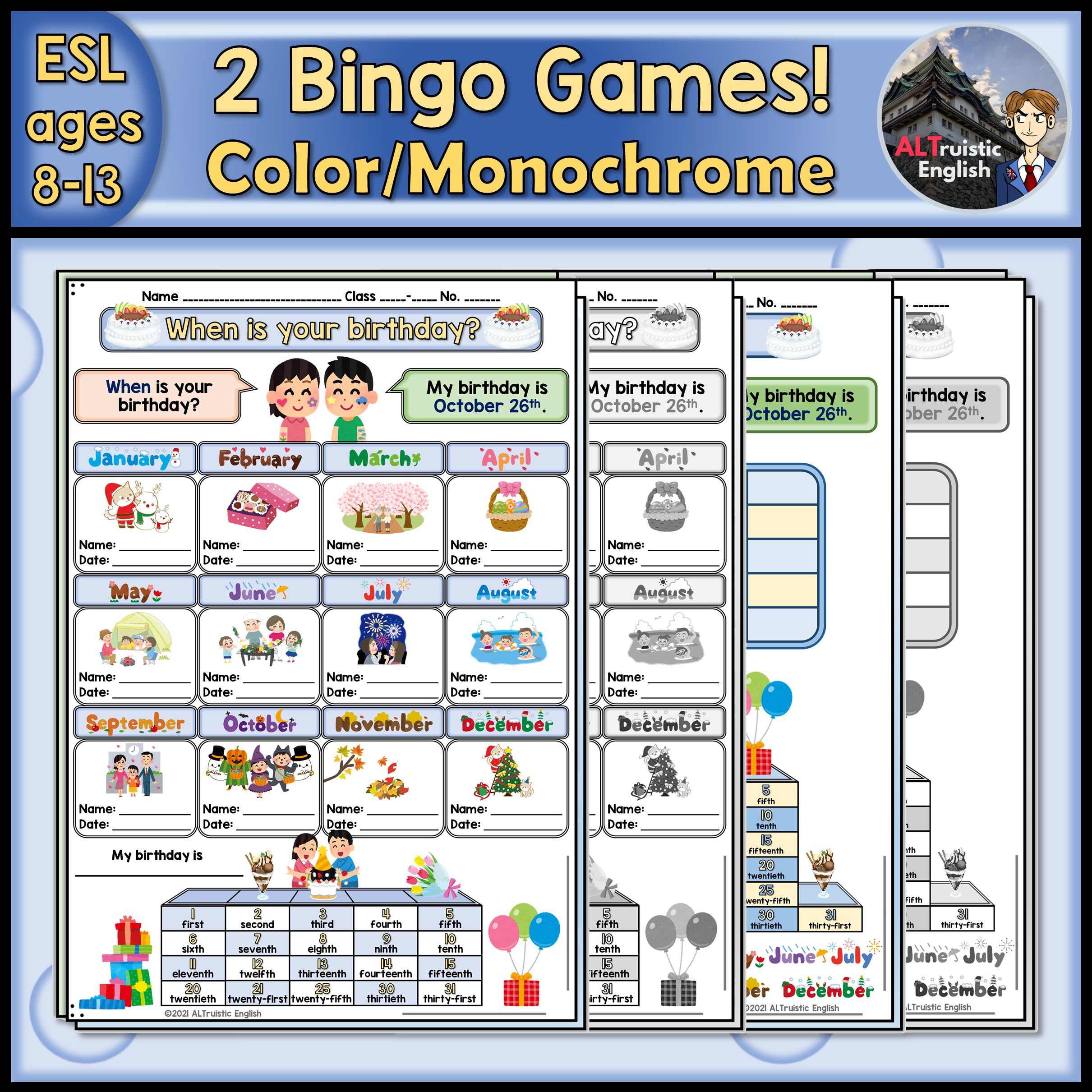 When is Your Birthday? Bingo Months and Dates Interactive ESL Grammar ...