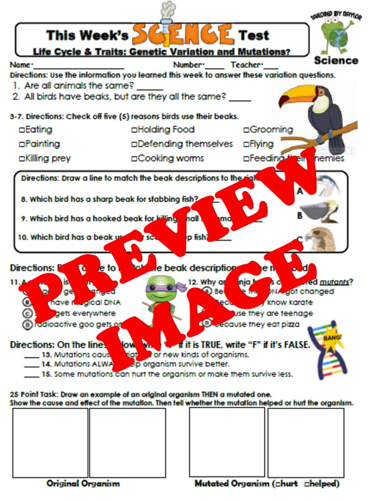 VARIATION OF TRAITS | NGSS Science Test | Made By Teachers