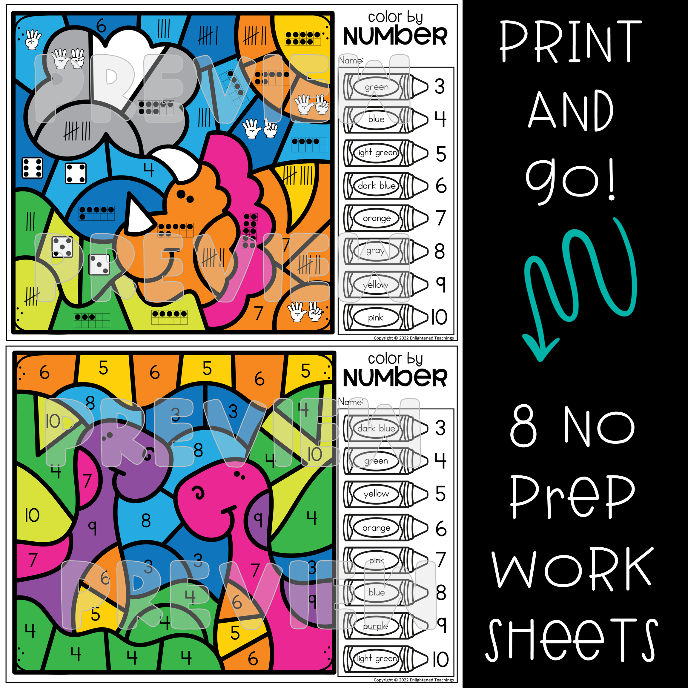 Dinosaur Themed Number Subitizing Worksheets Color by Number Subitizing ...