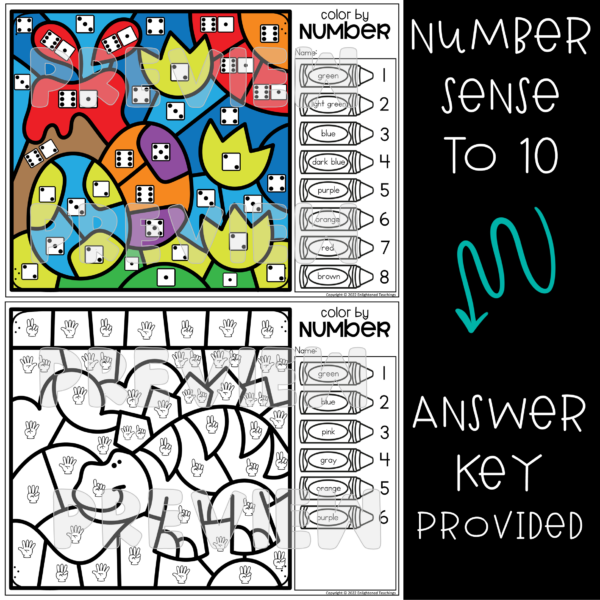 Dinosaur Themed Number Subitizing Worksheets Color by Number Subitizing ...