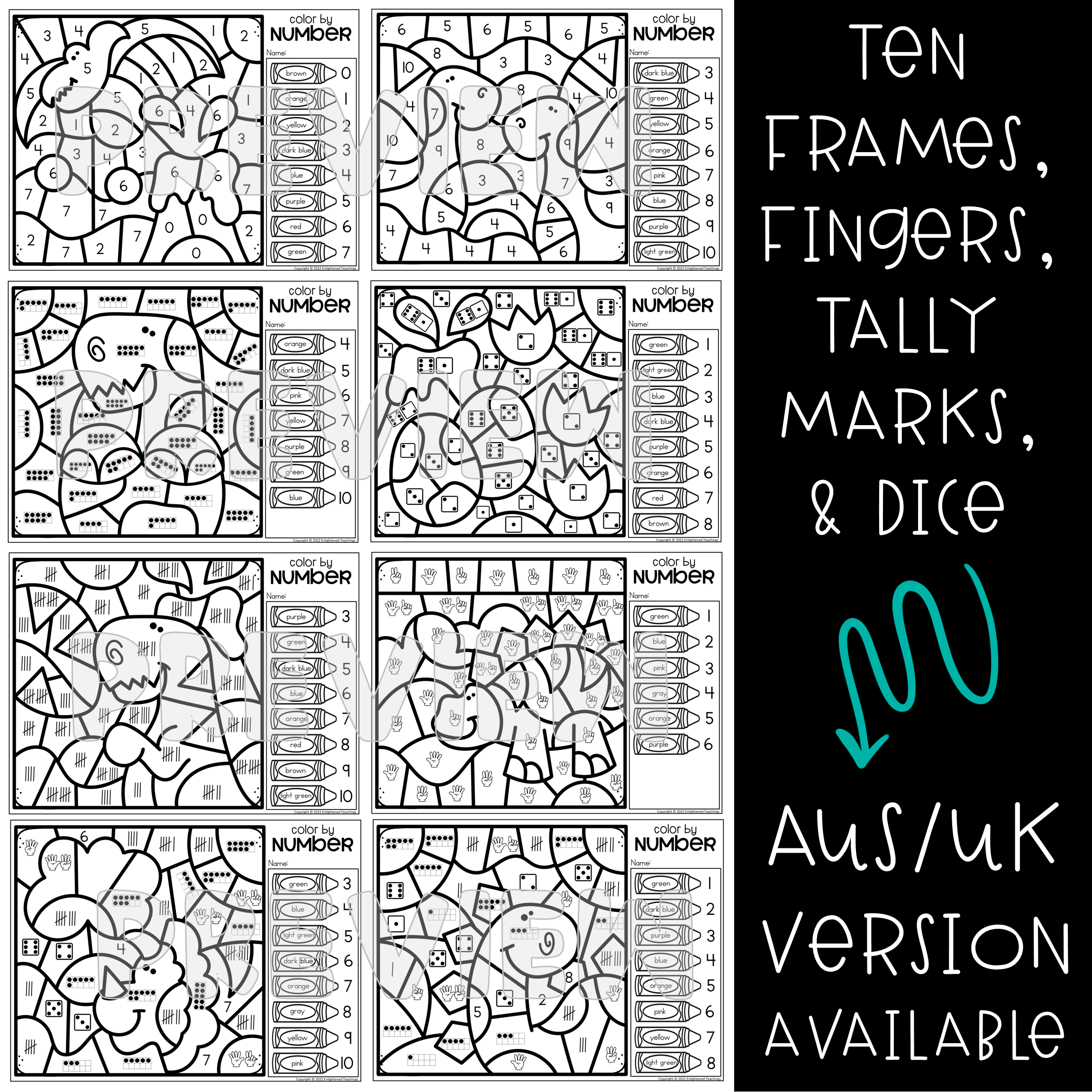 Dinosaur Themed Number Subitizing Worksheets Color by Number Subitizing ...