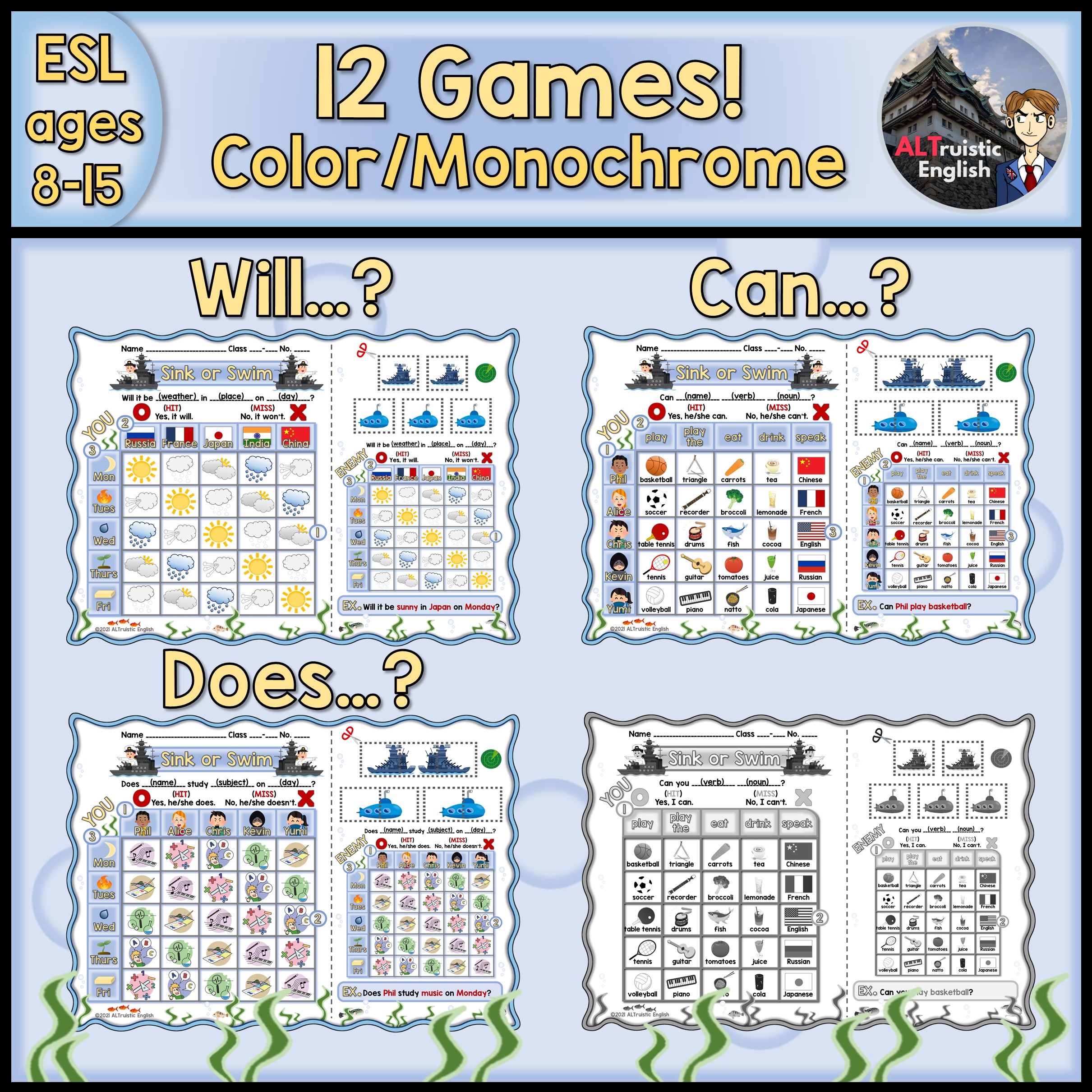 Battles at Sea Editable English Grammar Review Game ESL EFL Speaking ...