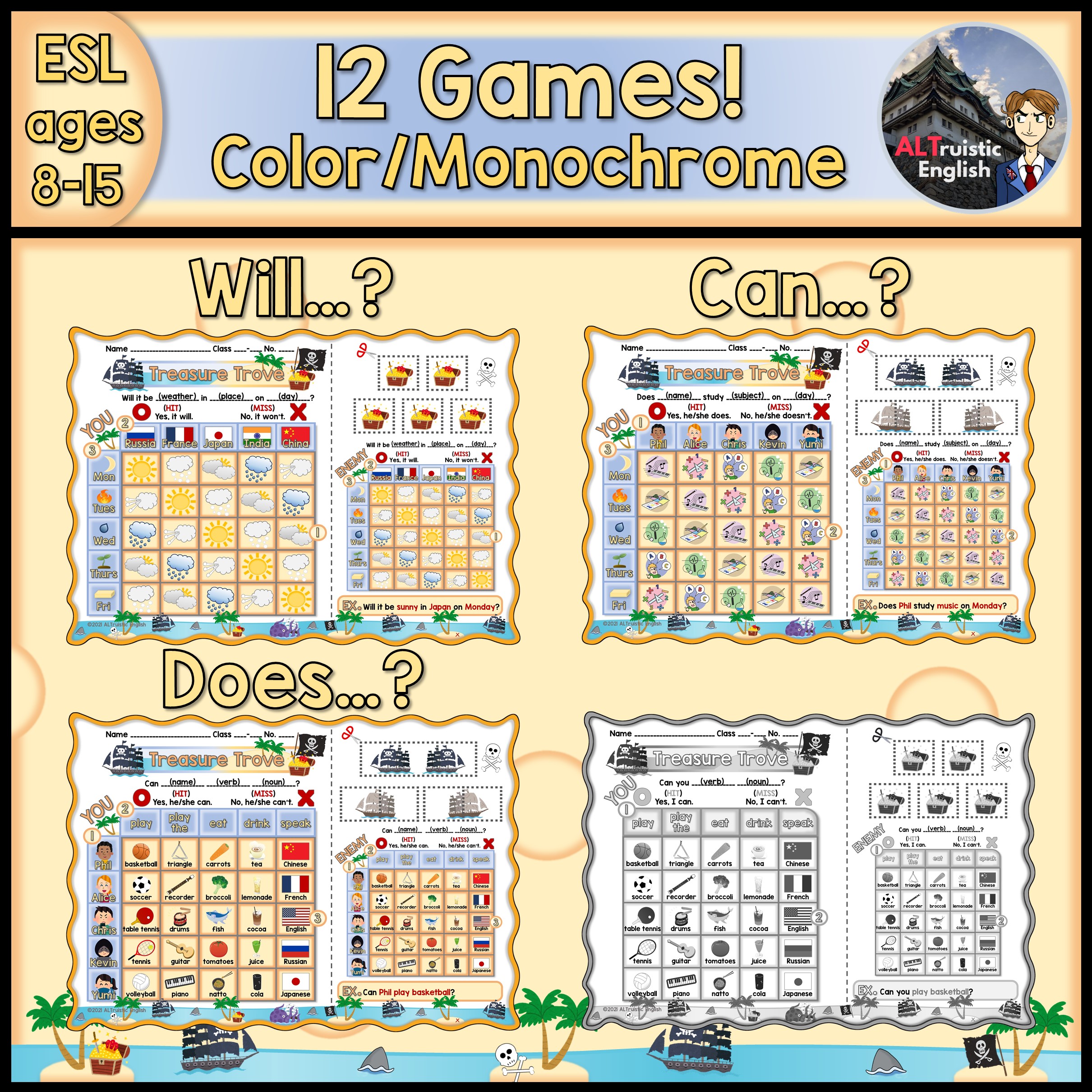 Battles with Pirates Editable English Grammar Review ESL EFL Speaking ...