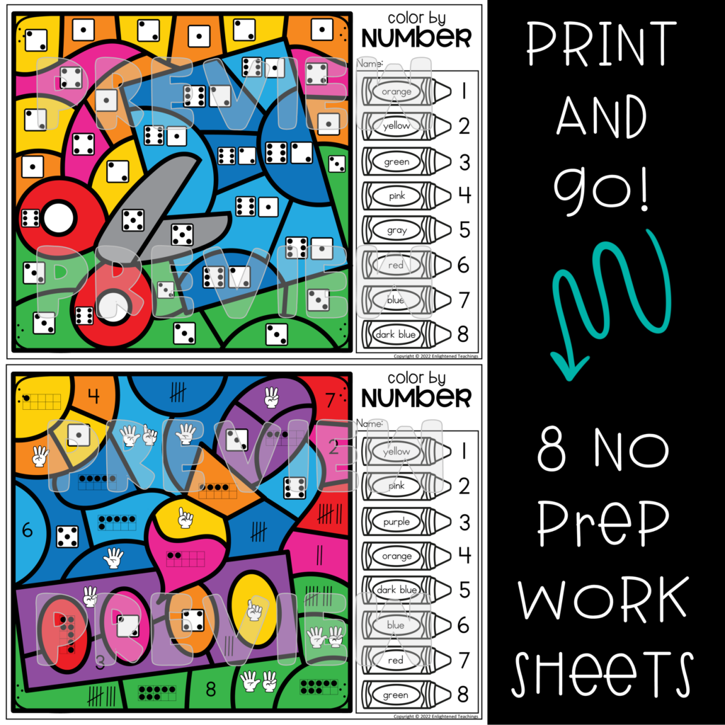 School Themed Number Subitizing Worksheets Color by Number Subitizing ...