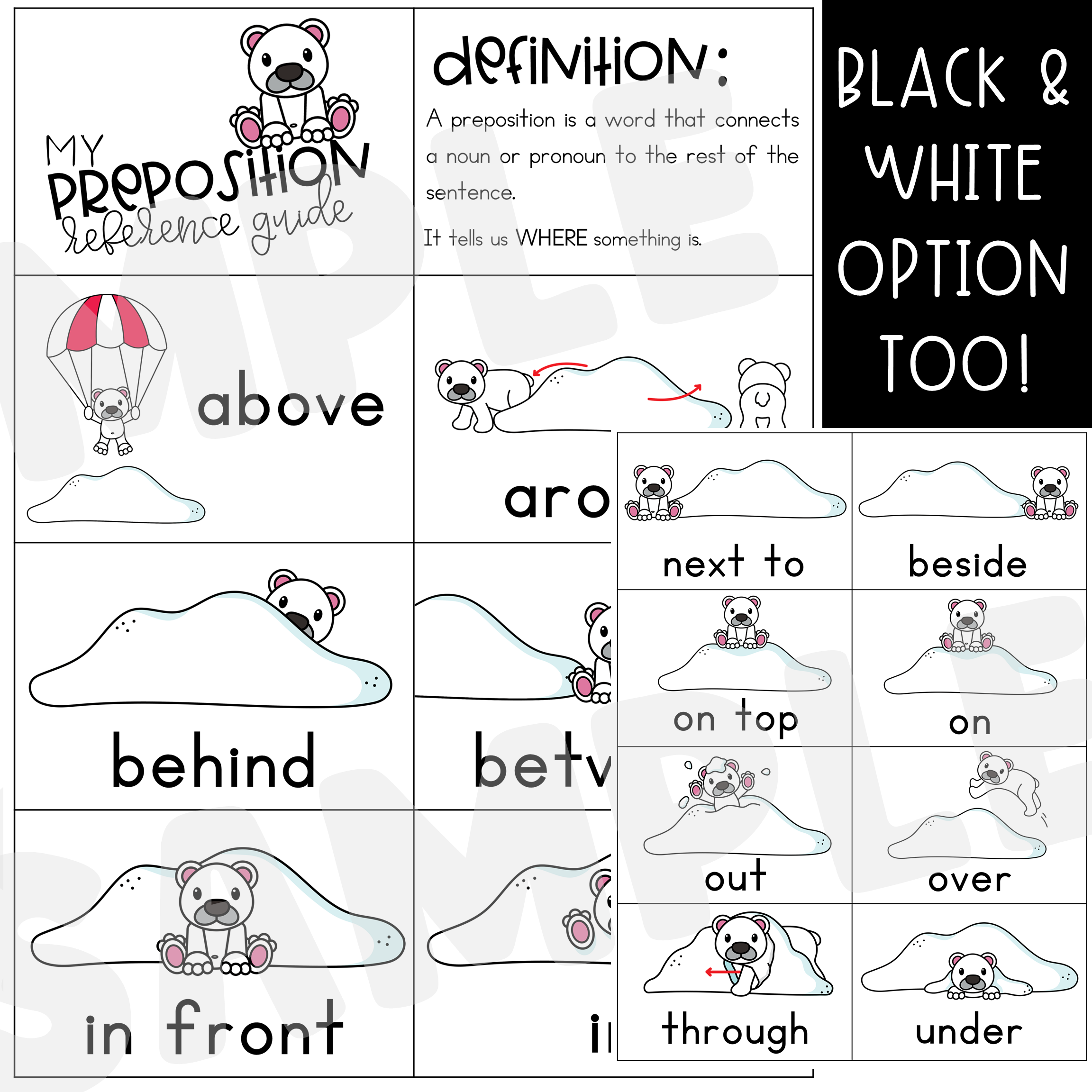 Winter Prepositions Posters Polar Bear Positional Words Prepositions ...