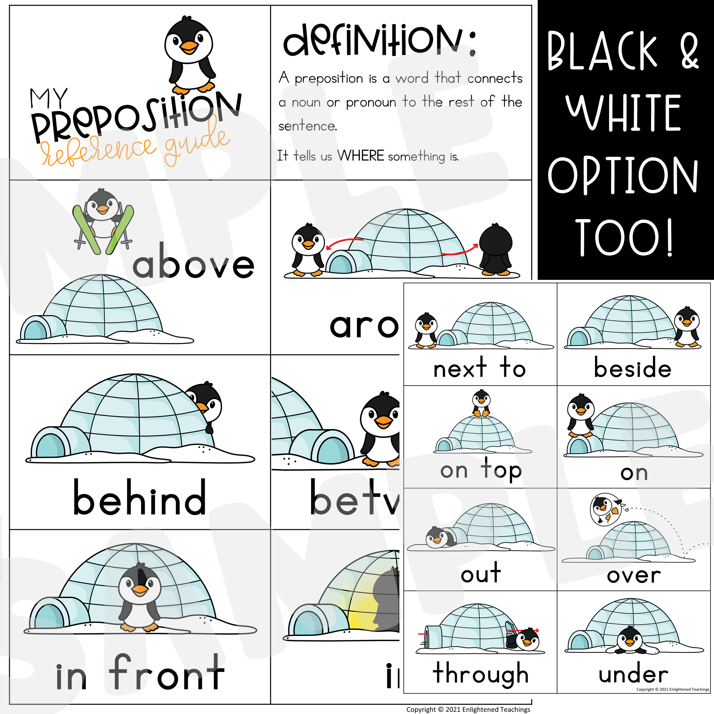 Winter Prepositions Posters Penguin Positional Words Prepositions ...