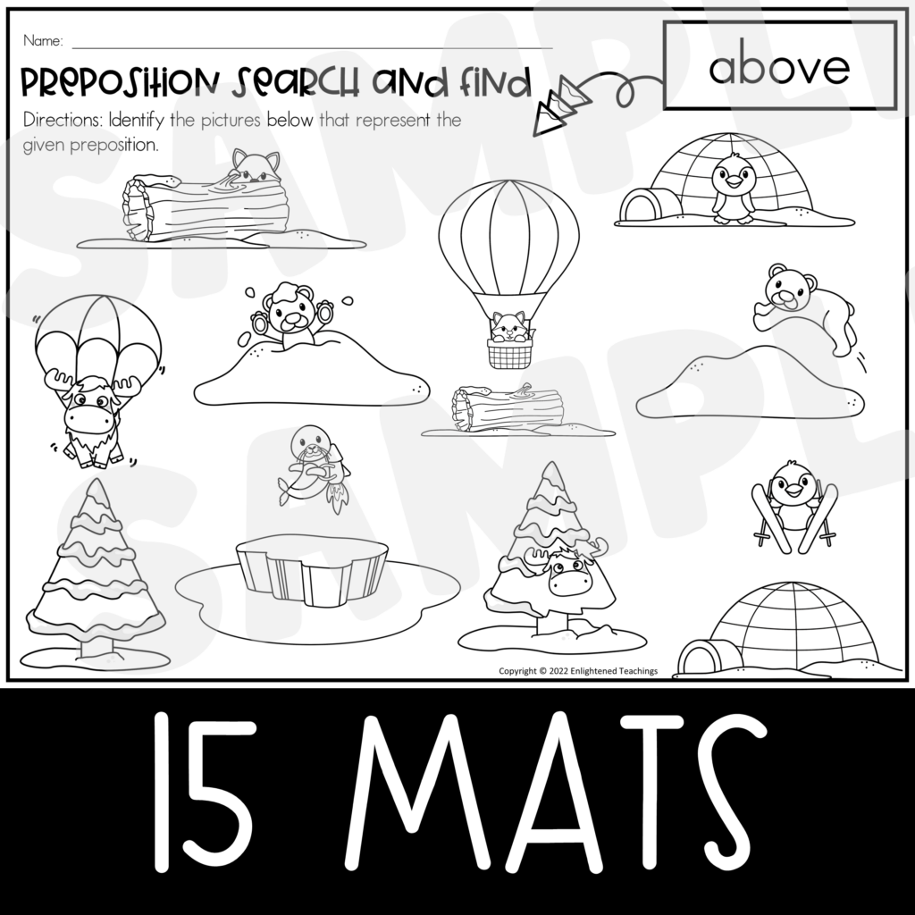 Preposition Search and Find Mats Worksheets Winter Positional Words ...