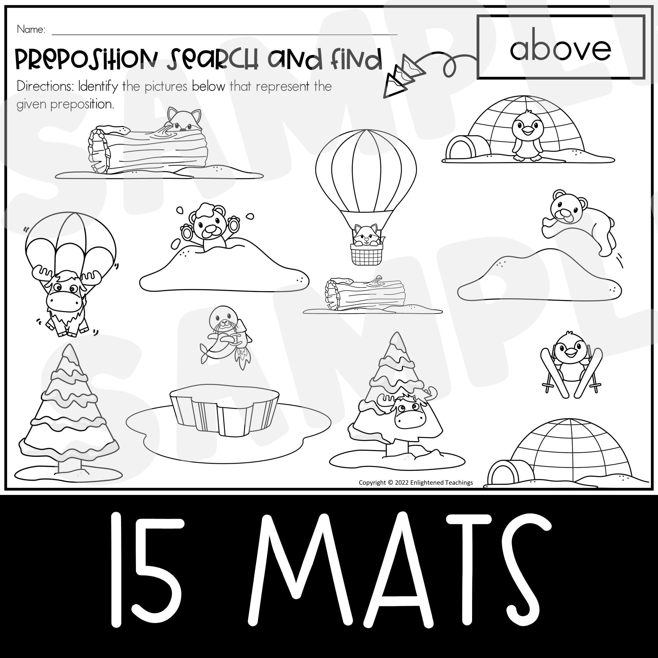 Preposition Search and Find Mats Worksheets Winter Positional Words ...