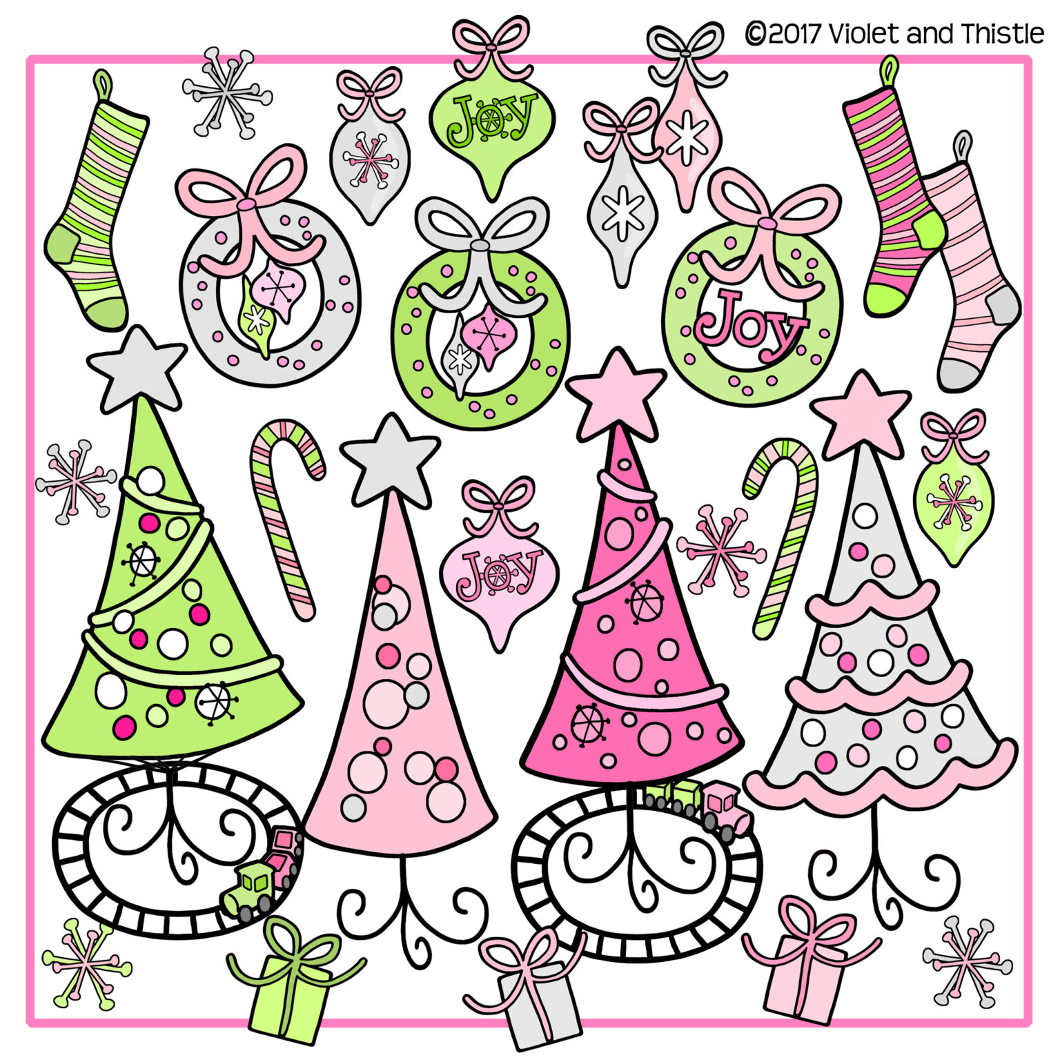 Christmas Tree Clipart Retro Christmas Clip art Pink Fushia Silver Gray ...