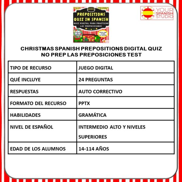 CHRISTMAS SPANISH PREPOSITIONS DIGITAL QUIZ NO PREP LAS PREPOSICIONES ...