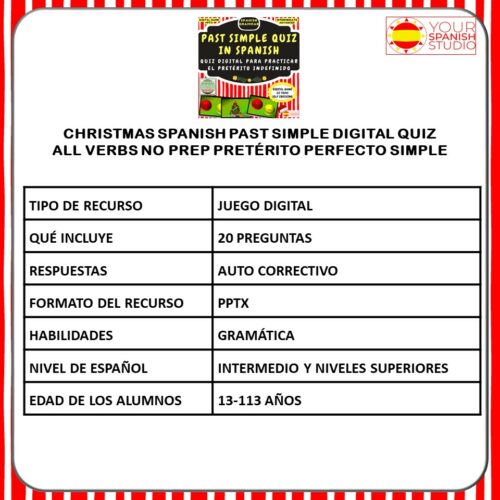 Christmas Spanish Past Simple digital quiz all verbs no prep Pretérito ...