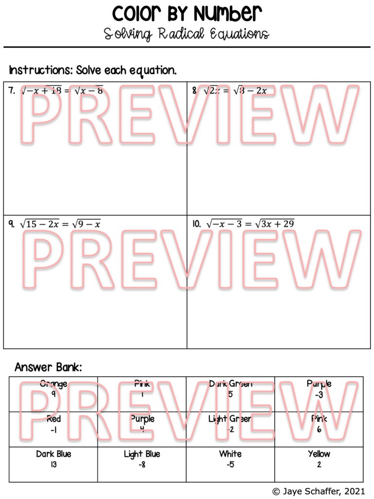Solving Radical Equations Coloring Activity - Made By Teachers