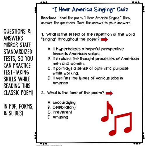 I Hear America Singing Quiz Activities Walt Whitman Poem Google TM ...