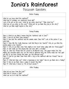 Zonia's Rain Forest Discussion Questions & Save the Rainforest Writing ...