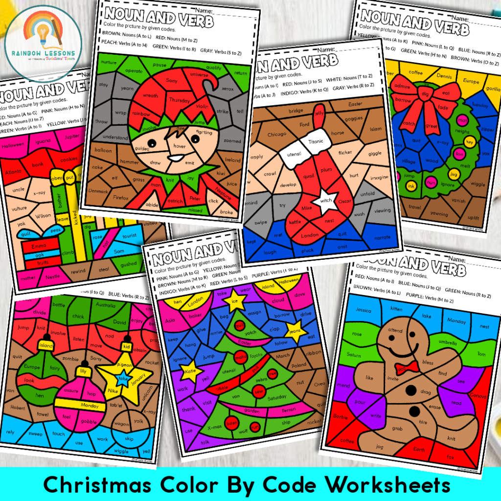 Christmas Coloring Pages | Color by Code Christmas Worksheets | Nouns ...