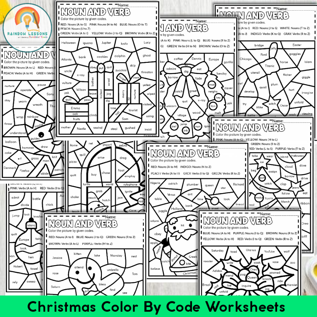Christmas Coloring Pages | Color by Code Christmas Worksheets | Nouns ...