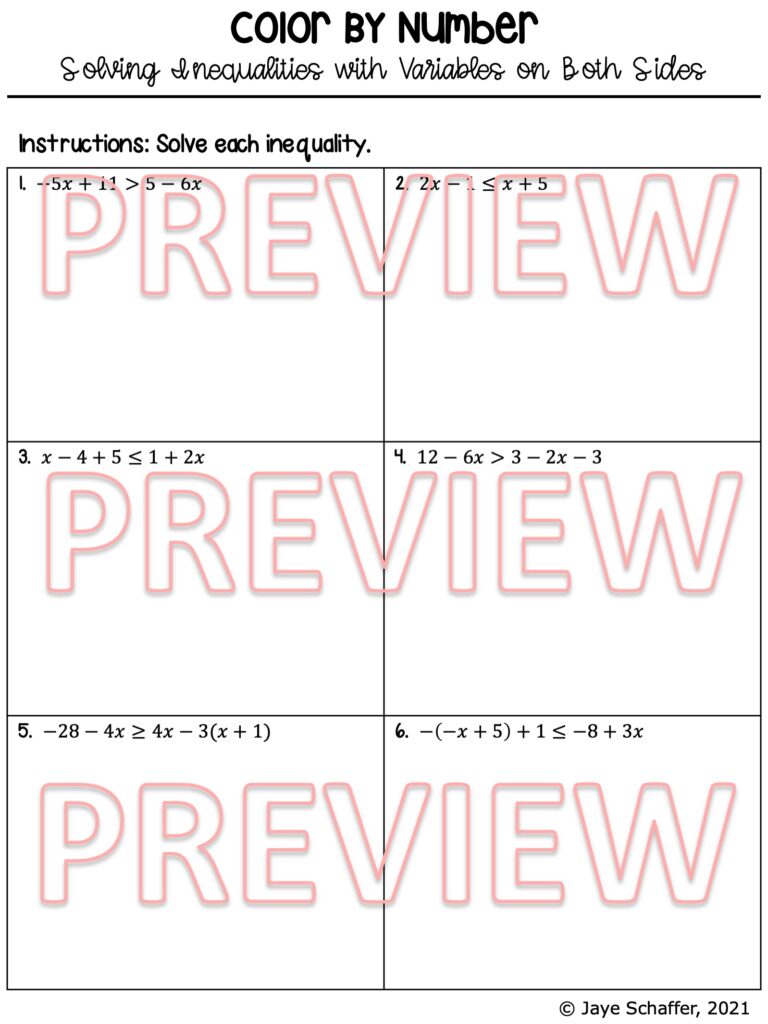 Solving Inequalities with Variables on Both Sides Coloring Activity - Made By Teachers