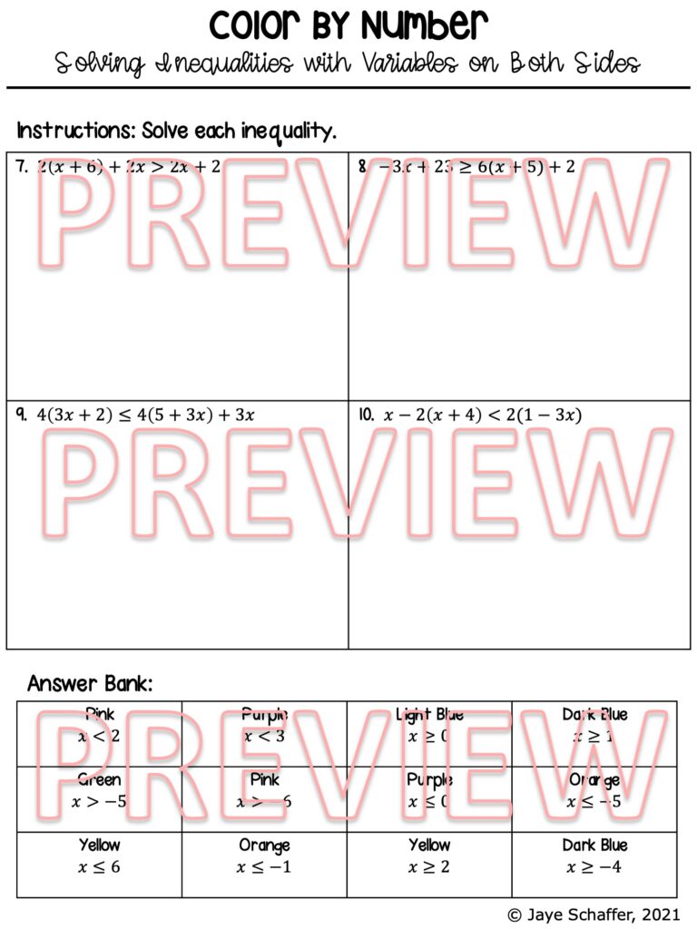 Solving Inequalities with Variables on Both Sides Coloring Activity ...