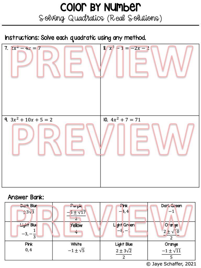 Solving Quadratic Equations Coloring Activity | Made By Teachers