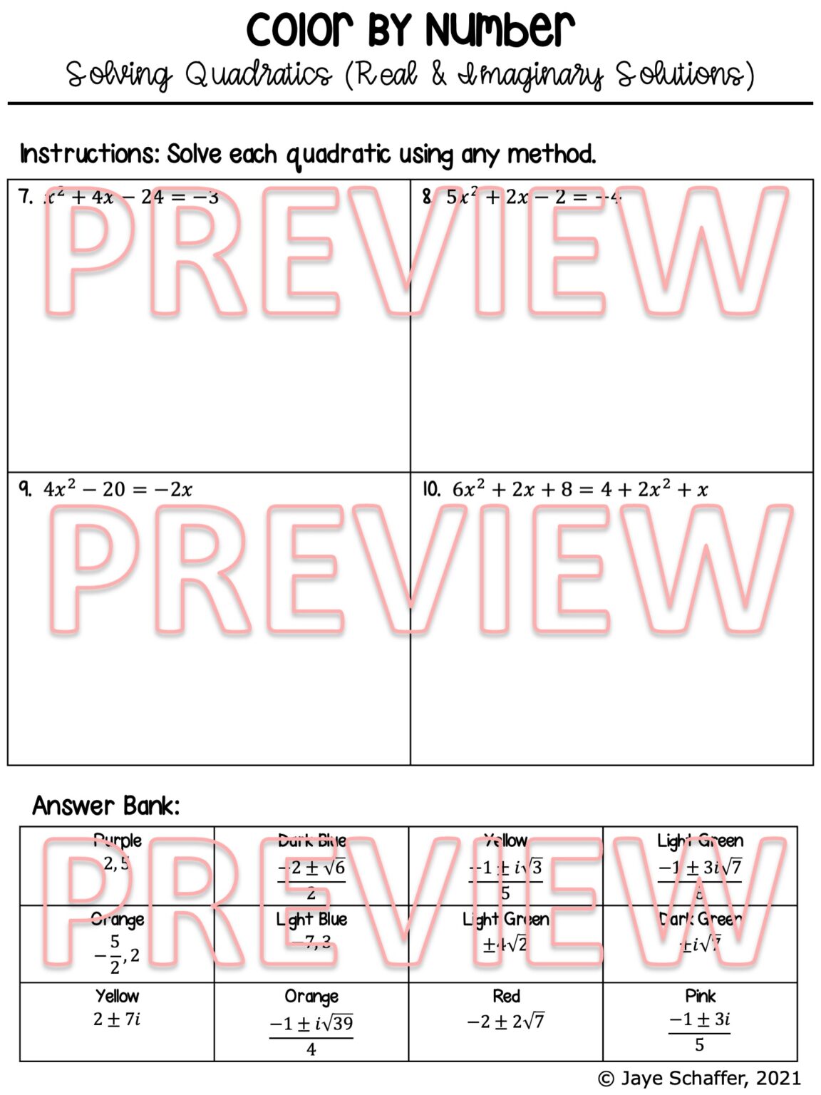 Solving Quadratic Equations Coloring Activity | Made By Teachers