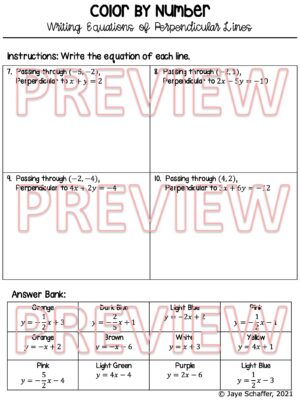 Writing Linear Equations of Perpendicular Lines Coloring Activity ...