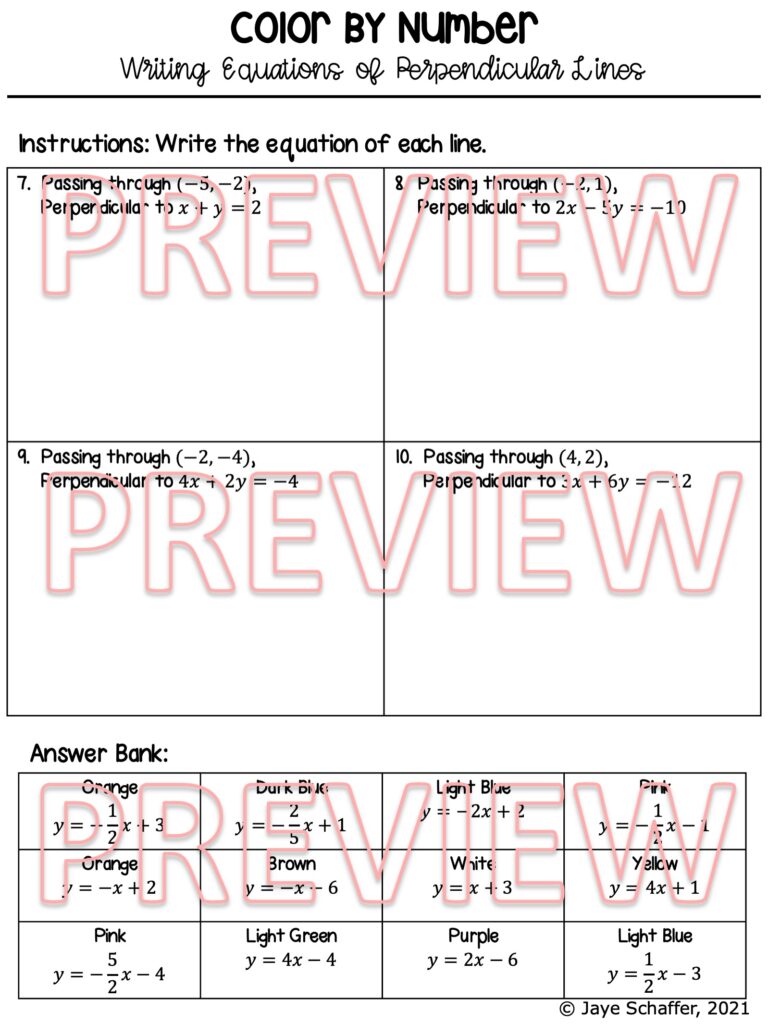 Writing Linear Equations of Perpendicular Lines Coloring Activity ...