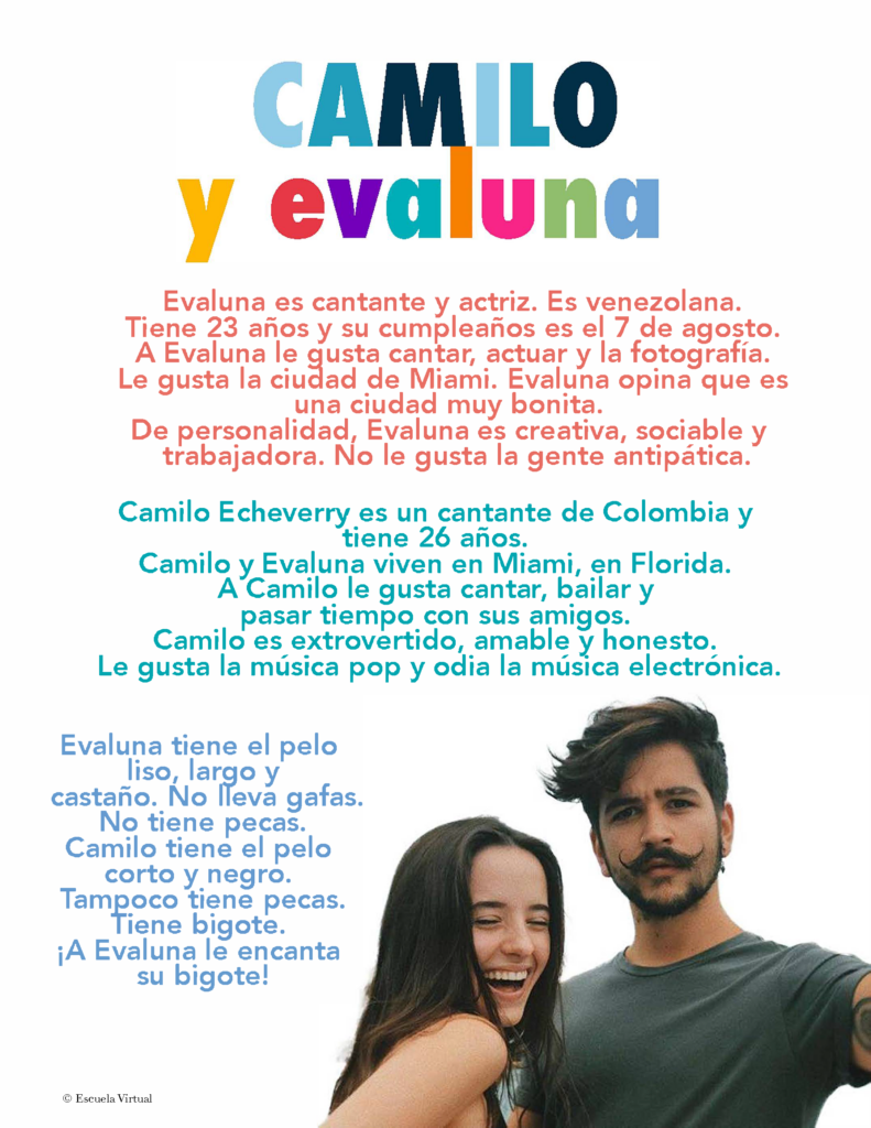 FREEBIE Camilo y Evaluna - Novice Reading for Spanish class | Made By ...