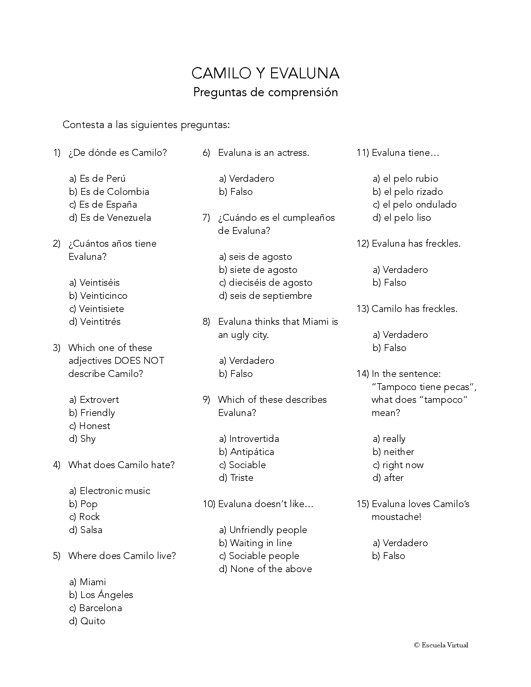 FREEBIE Camilo y Evaluna - Novice Reading for Spanish class | Made By ...