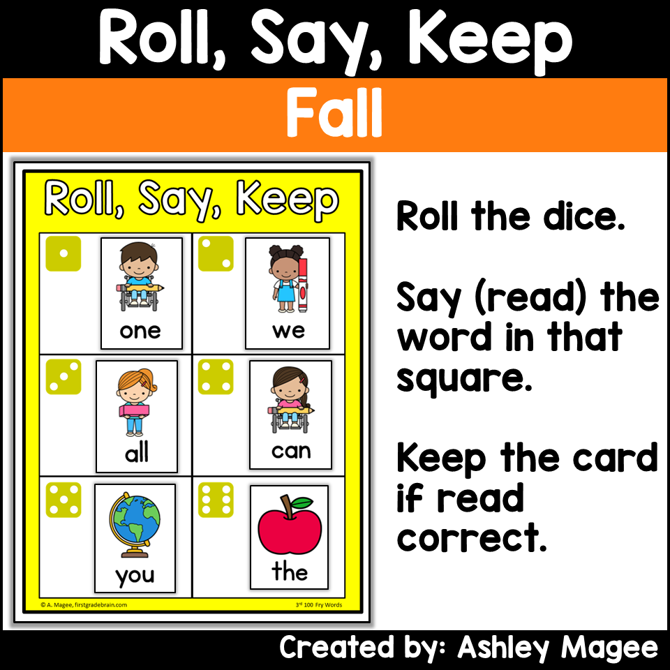 Fall Sight Word Activity Roll, Say, Keep with First 300 Fry Words Game ...