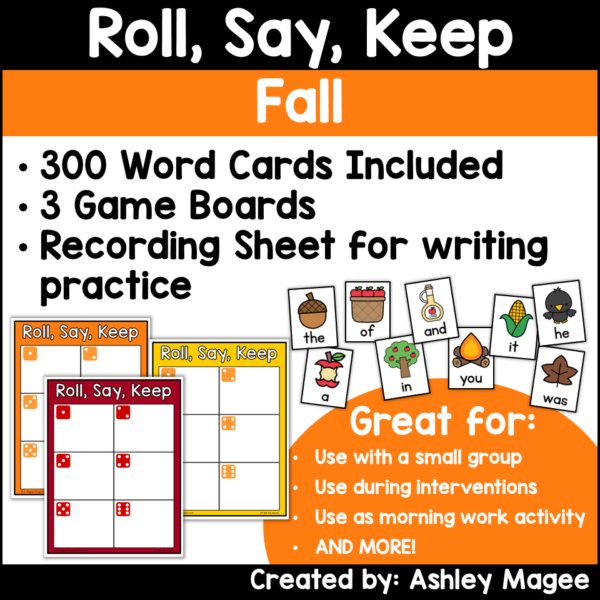 Fall Sight Word Activity Roll, Say, Keep with First 300 Fry Words Game ...
