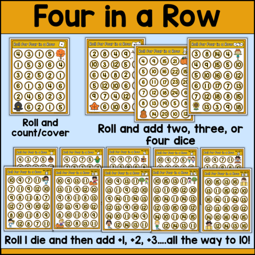 Fall Math Activity Games Four in a Row Addition Center Roll and Add ...