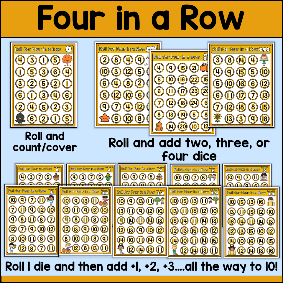 Fall Math Activity Games Four in a Row Addition Center Roll and Add ...