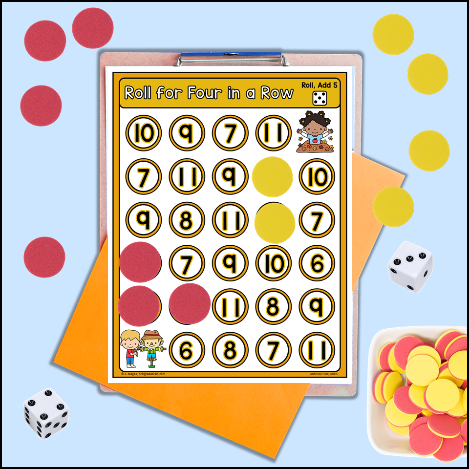 Fall Math Activity Games Four in a Row Addition Center Roll and Add ...