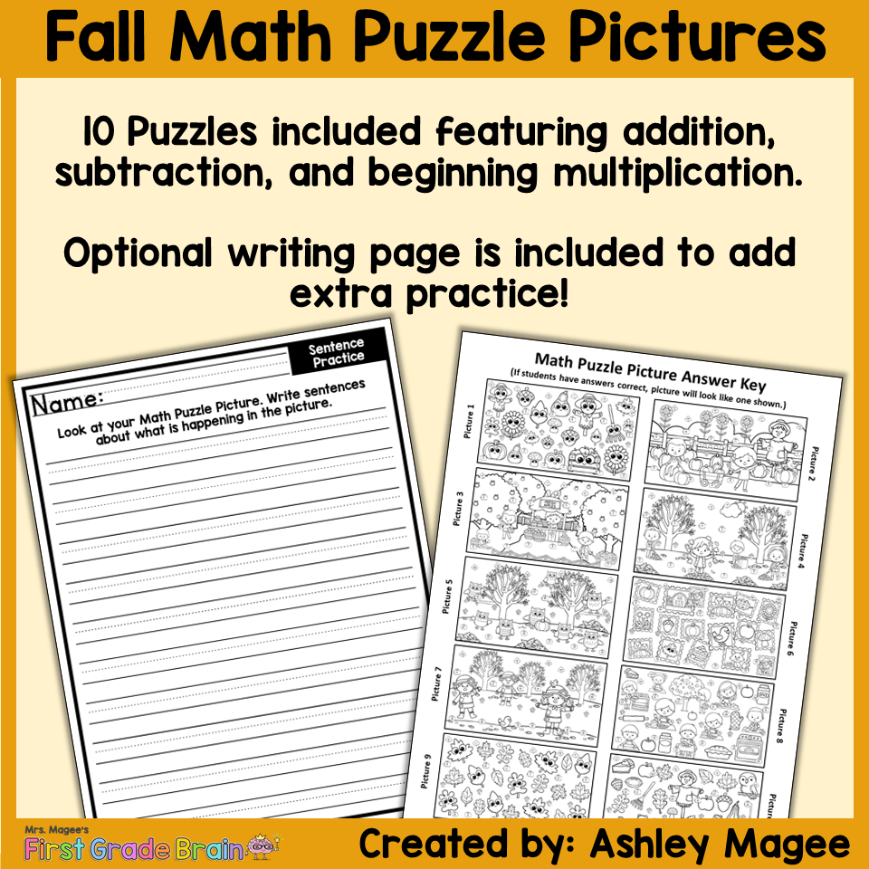 Fall Math Puzzle Pictures & Writing Activity: Addition, Subtraction ...