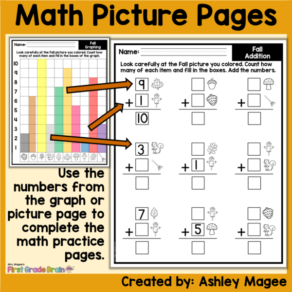 Fall Math Activity Skill Practice Math Picture Pages Add, Subtract ...