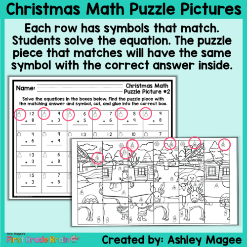 Christmas Math Puzzle Pictures Activity with Addition, Subtraction and ...