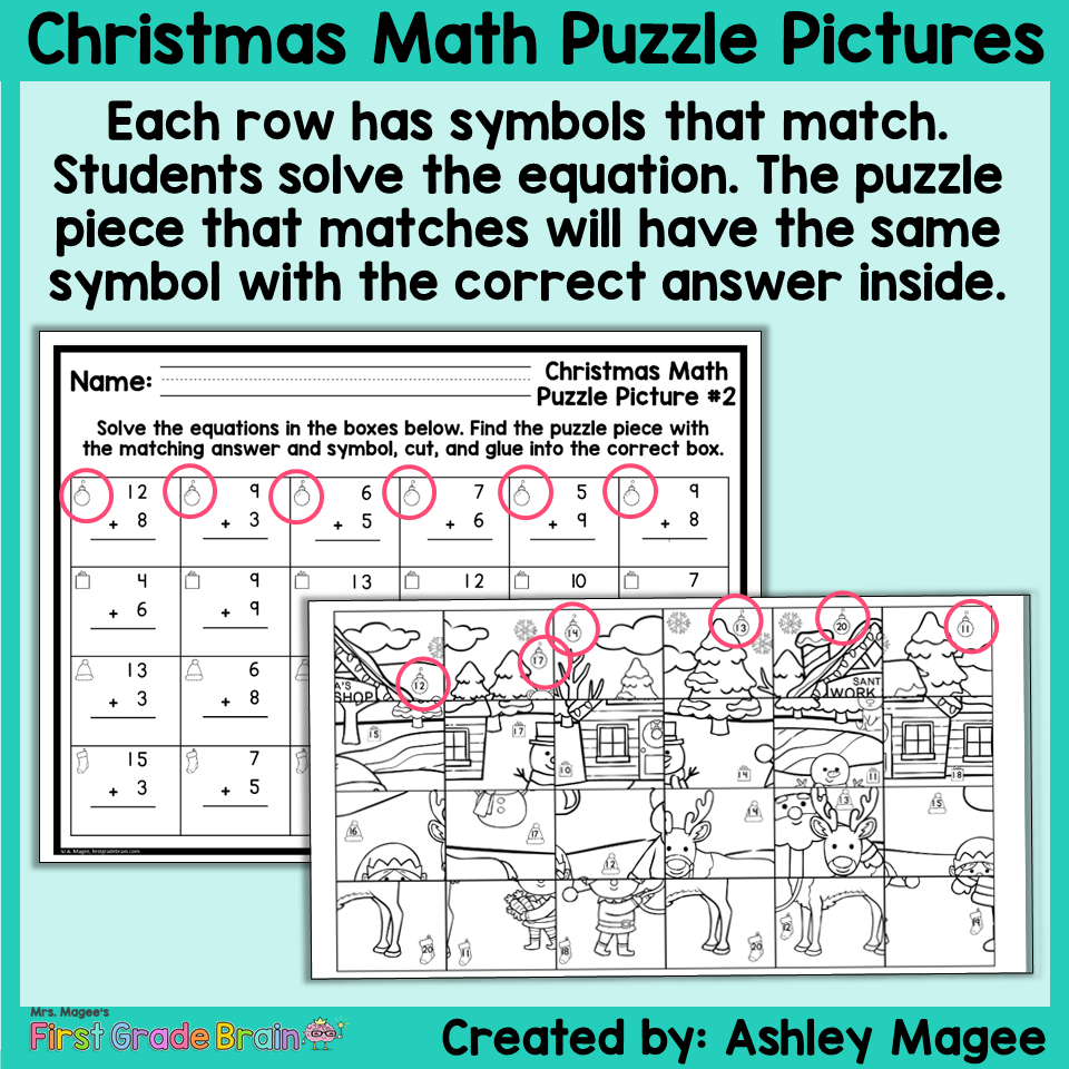 Christmas Math Puzzle Pictures Activity with Addition, Subtraction and ...