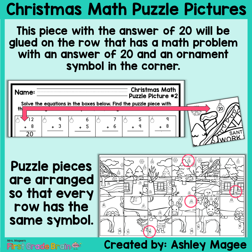 Christmas Math Puzzle Pictures Activity with Addition, Subtraction and ...