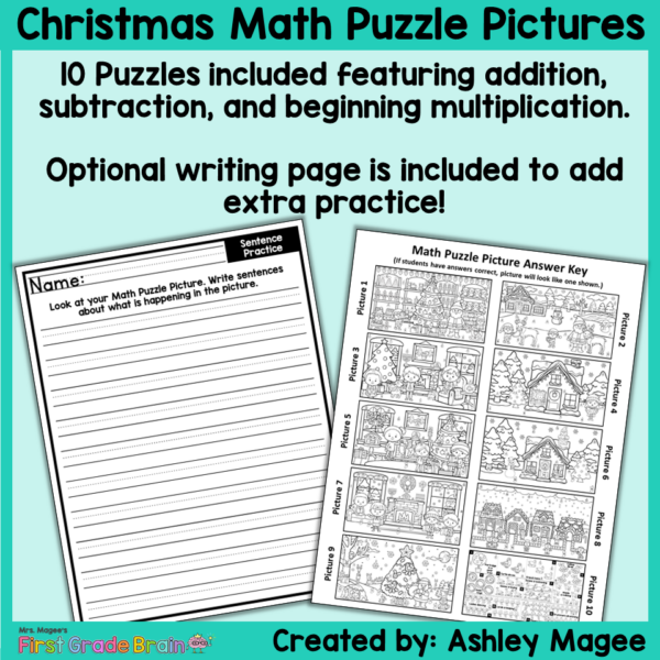 Christmas Math Puzzle Pictures Activity with Addition, Subtraction and ...