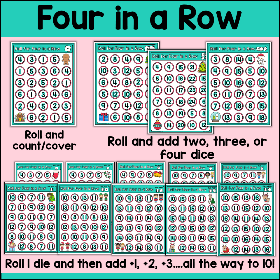 Christmas Math Activity Games Four in a Row Addition Center Roll and ...