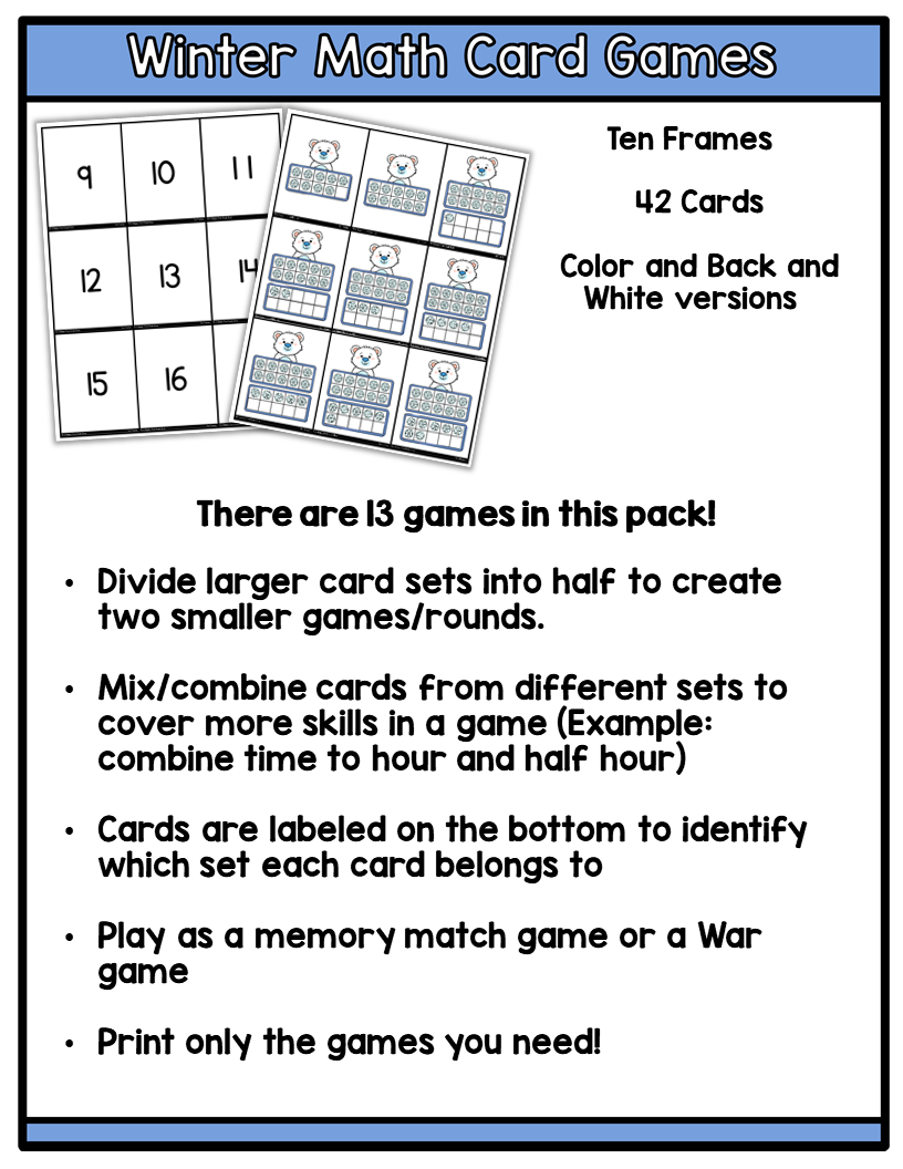 Winter Math Card Games: 13 Games for Addition, Subtraction, Time, and ...