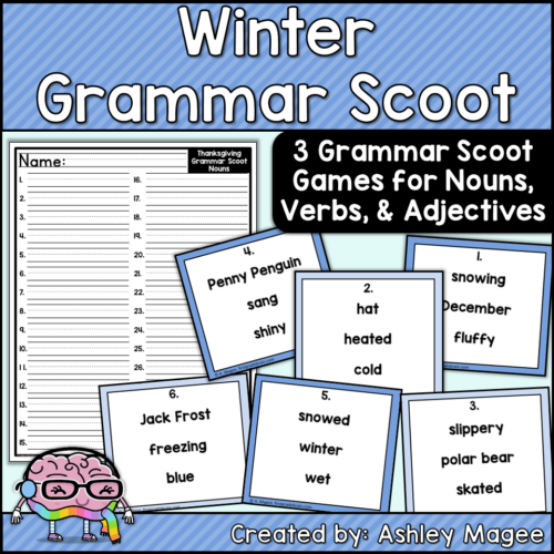 Winter Grammar Scoot Game Task Card Center 3 Games Nouns Verbs and ...