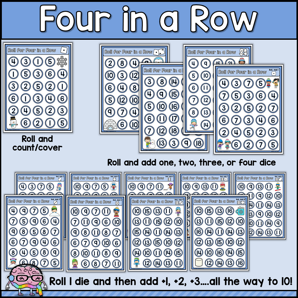 Winter Four in a Row Addition Games Roll and Add | Made By Teachers