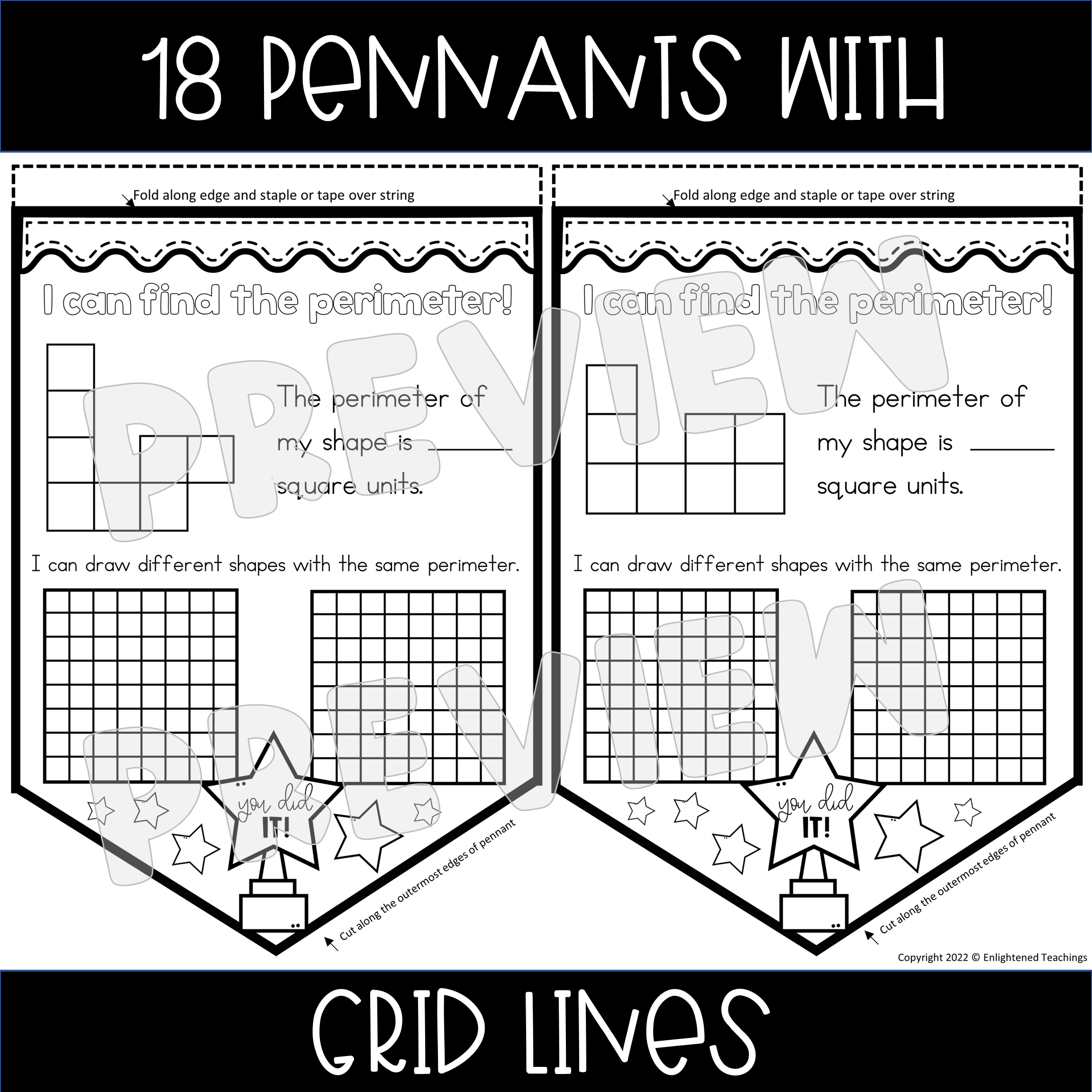 Perimeter Math Pennant Bunting Activity Perimeter in Square Units ...